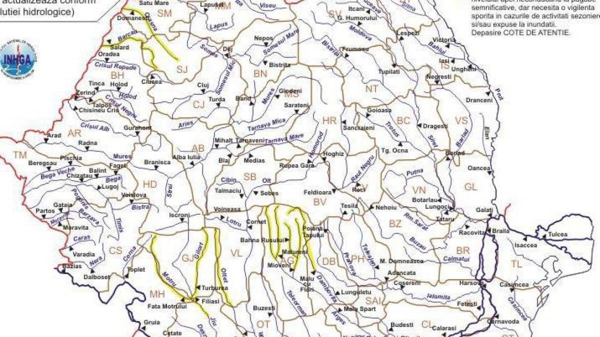 Cod Galben de inundaţii pe mai multe râuri din ţară. Vezi zonele vizate ...