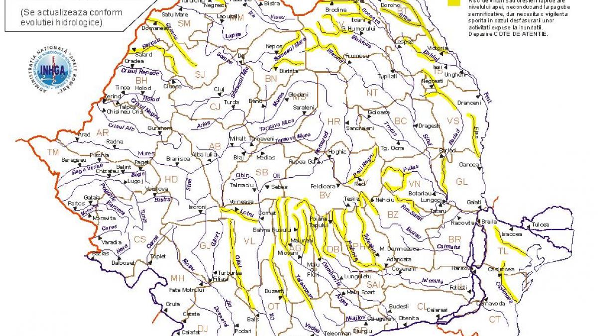 COD GALBEN de inundaţii pe majoritatea râurilor din ţară