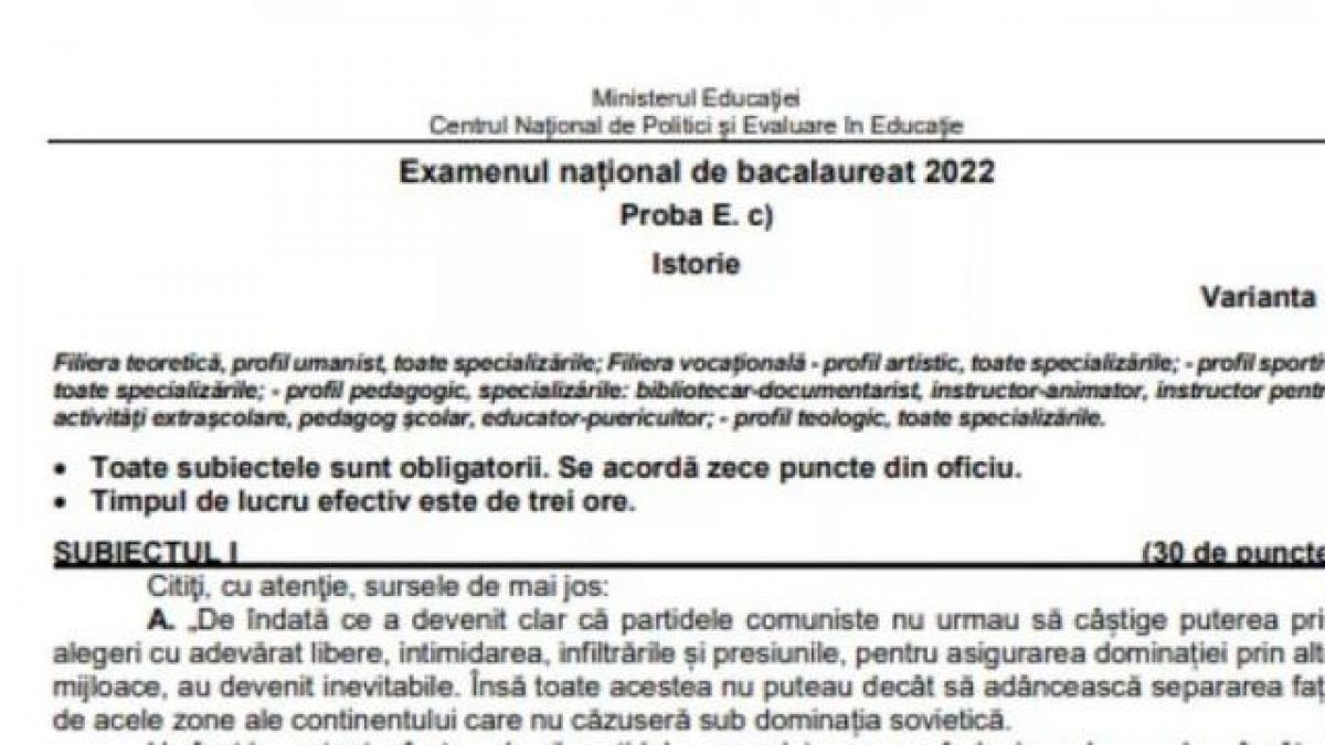 Bacalaureat 2023. Subiecte la proba de Istorie