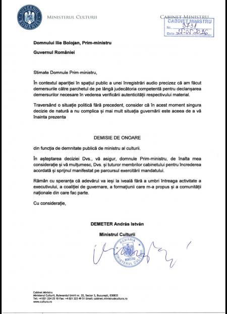 Ministrul Culturii, Demeter Andras Istvan, și-a dat demisia